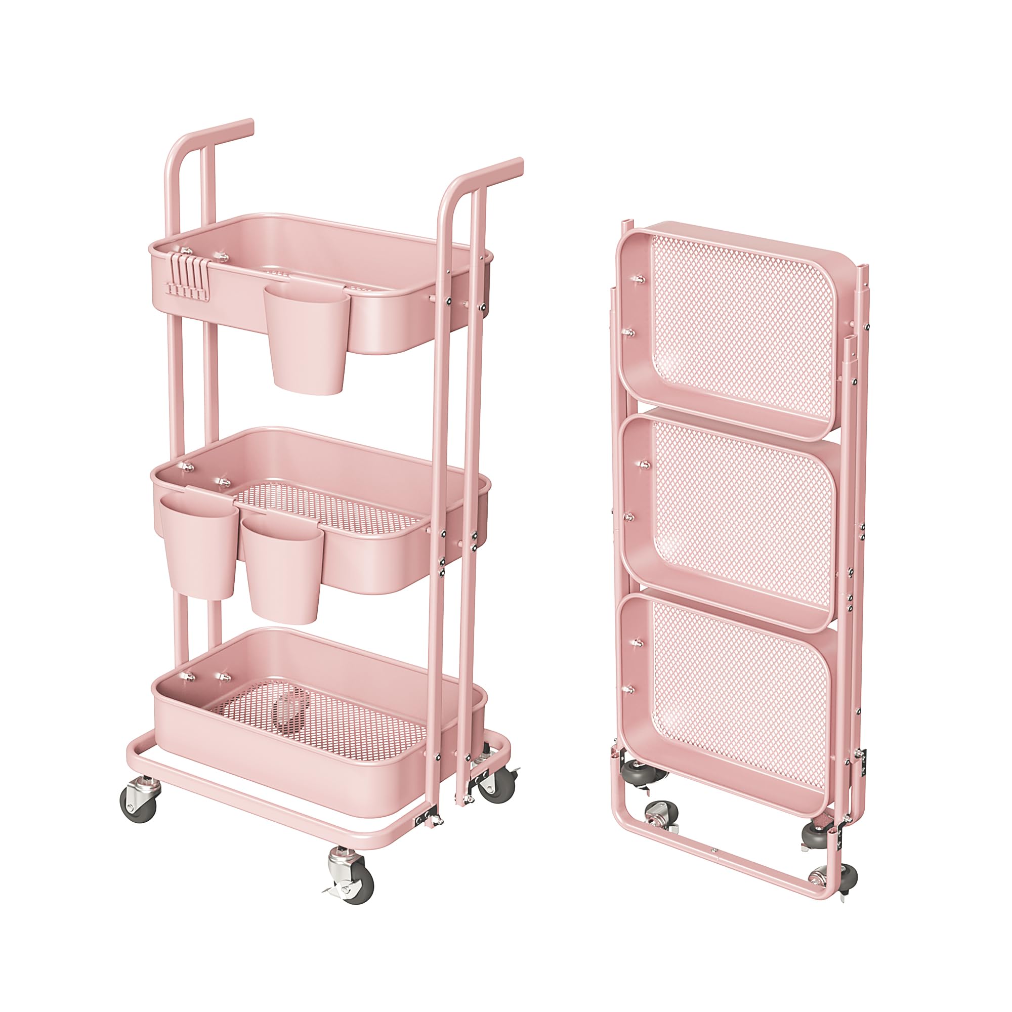 Merapi 3 Tier Foldable Rolling Cart, Metal Utility Cart with Wheels, 3 Hanging Cups and 6 Hooks, Folding Trolley for Living Room, Kitchen, Bathroom, Bedroom and Office, Pink