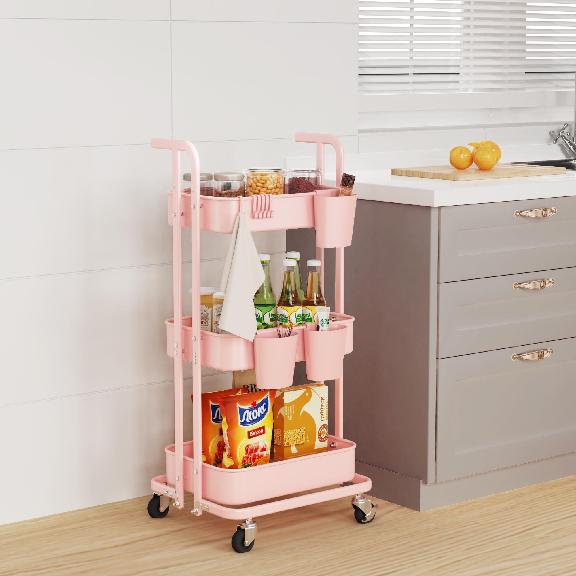 Merapi 3 Tier Foldable Rolling Cart, Metal Utility Cart with Wheels, 3 Hanging Cups and 6 Hooks, Folding Trolley for Living Room, Kitchen, Bathroom, Bedroom and Office, Pink