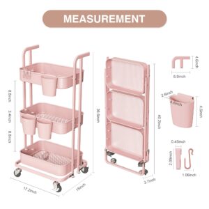 Merapi 3 Tier Foldable Rolling Cart, Metal Utility Cart with Wheels, 3 Hanging Cups and 6 Hooks, Folding Trolley for Living Room, Kitchen, Bathroom, Bedroom and Office, Pink