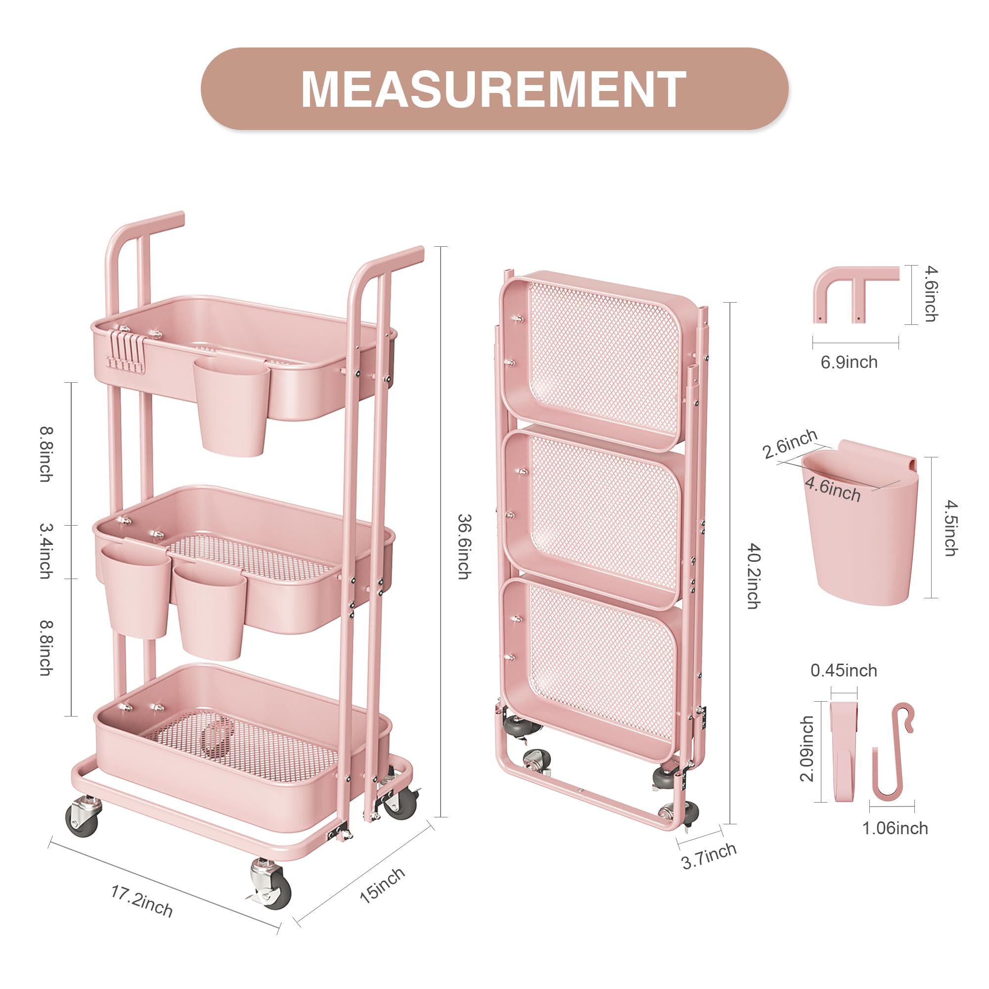 Merapi 3 Tier Foldable Rolling Cart, Metal Utility Cart with Wheels, 3 Hanging Cups and 6 Hooks, Folding Trolley for Living Room, Kitchen, Bathroom, Bedroom and Office, Pink