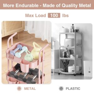 Merapi 3 Tier Foldable Rolling Cart, Metal Utility Cart with Wheels, 3 Hanging Cups and 6 Hooks, Folding Trolley for Living Room, Kitchen, Bathroom, Bedroom and Office, Pink