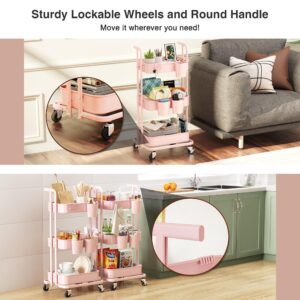 Merapi 3 Tier Foldable Rolling Cart, Metal Utility Cart with Wheels, 3 Hanging Cups and 6 Hooks, Folding Trolley for Living Room, Kitchen, Bathroom, Bedroom and Office, Pink