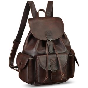 ivtg genuine leather backpack vintage handmade high capacity leather rucksack casual daypack retro knapsack purse (coffee)