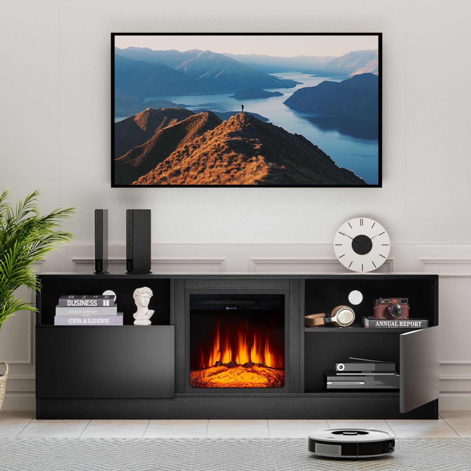 oneinmil Fireplace TV Stand for 75'' TV,65 Inch Modern TV Cabinet with 18 Inch Electric Fireplace, Wood Texture Storage Cabinet, Media Entertainment Center,Black