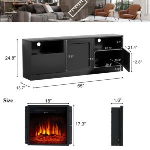 oneinmil Fireplace TV Stand for 75'' TV,65 Inch Modern TV Cabinet with 18 Inch Electric Fireplace, Wood Texture Storage Cabinet, Media Entertainment Center,Black