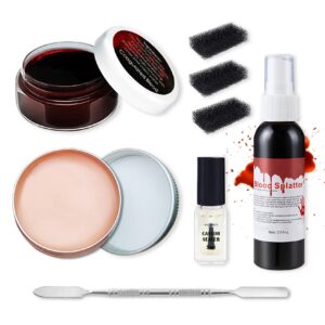 sfx halloween makeup kit,special effects scar makeup skin wax with spatula,fake blood cream,fake blood splatter spray,castor oil,black stippling sponge for zombie cosplay makeup