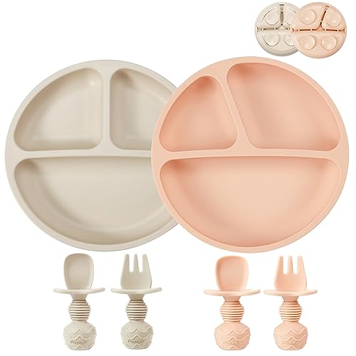 PandaEar 2 Pack Silicone Divided Suction Plates with 2 Spoons 2 Forks for Babies & Toddlers | Baby Led Weaning Supplies Self Feeding Eating Utensils | BPA-Free Silicone Baby Feeding Set -Pink & Linen