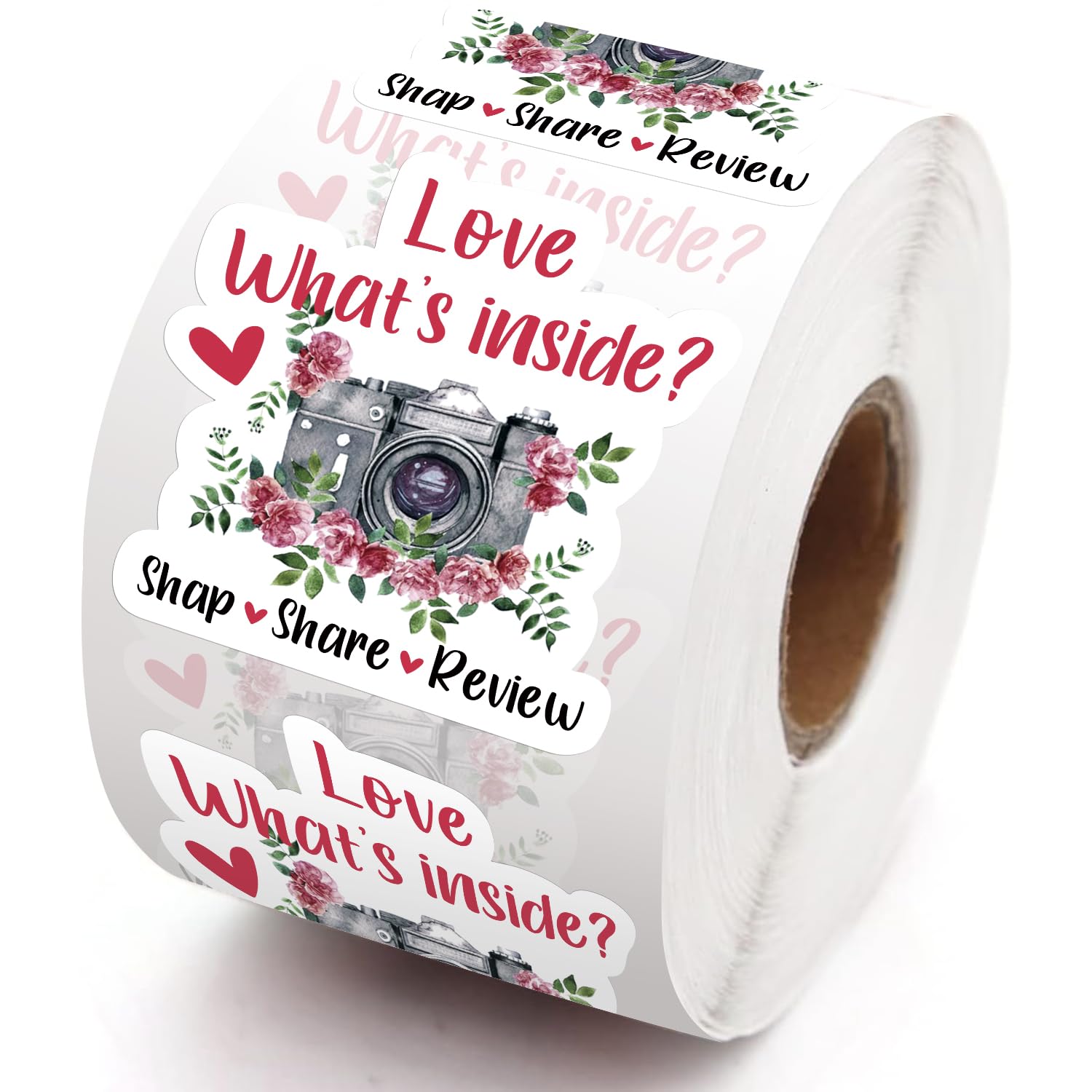 Lasimfa Love What's Inside Shap Share Review 500 Retro Camera Stickers - 1.5 Inch Size for Small Business and Small Shop Thank You Customers, Party Decorative and Gift Wrap