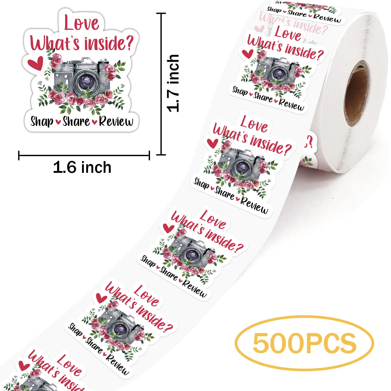 Lasimfa Love What's Inside Shap Share Review 500 Retro Camera Stickers - 1.5 Inch Size for Small Business and Small Shop Thank You Customers, Party Decorative and Gift Wrap