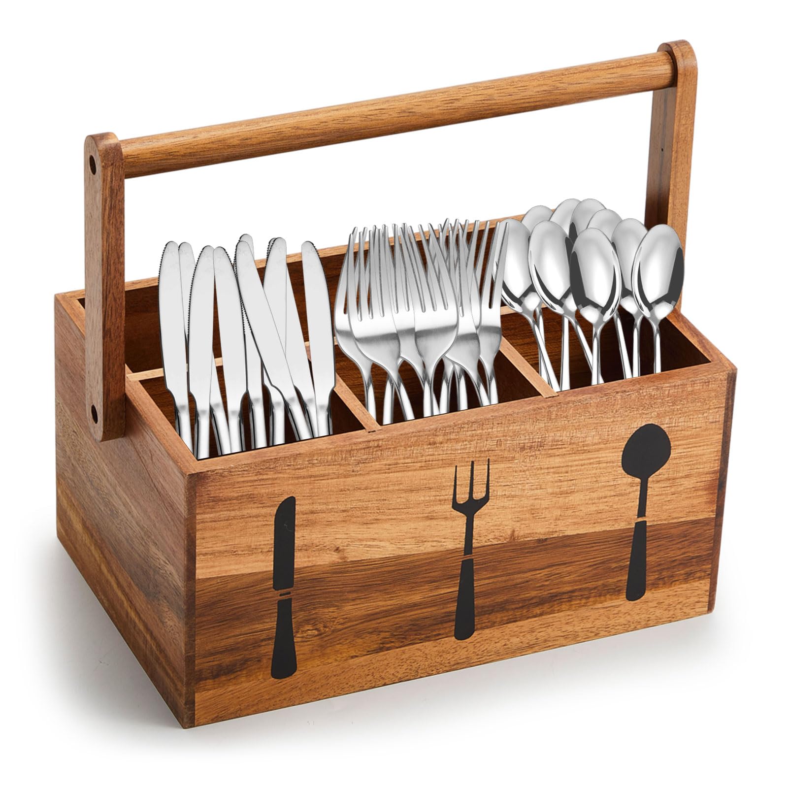 Geetery Acacia Utensil Caddy Silverware Caddy with Handle Wooden Multipurpose Countertop Flatware Napkin Caddy Utensil Organizer Caddy for Party Picnic Kitchen Trip, 9.1 x 5.9 x 4.5 in (Wood Color)