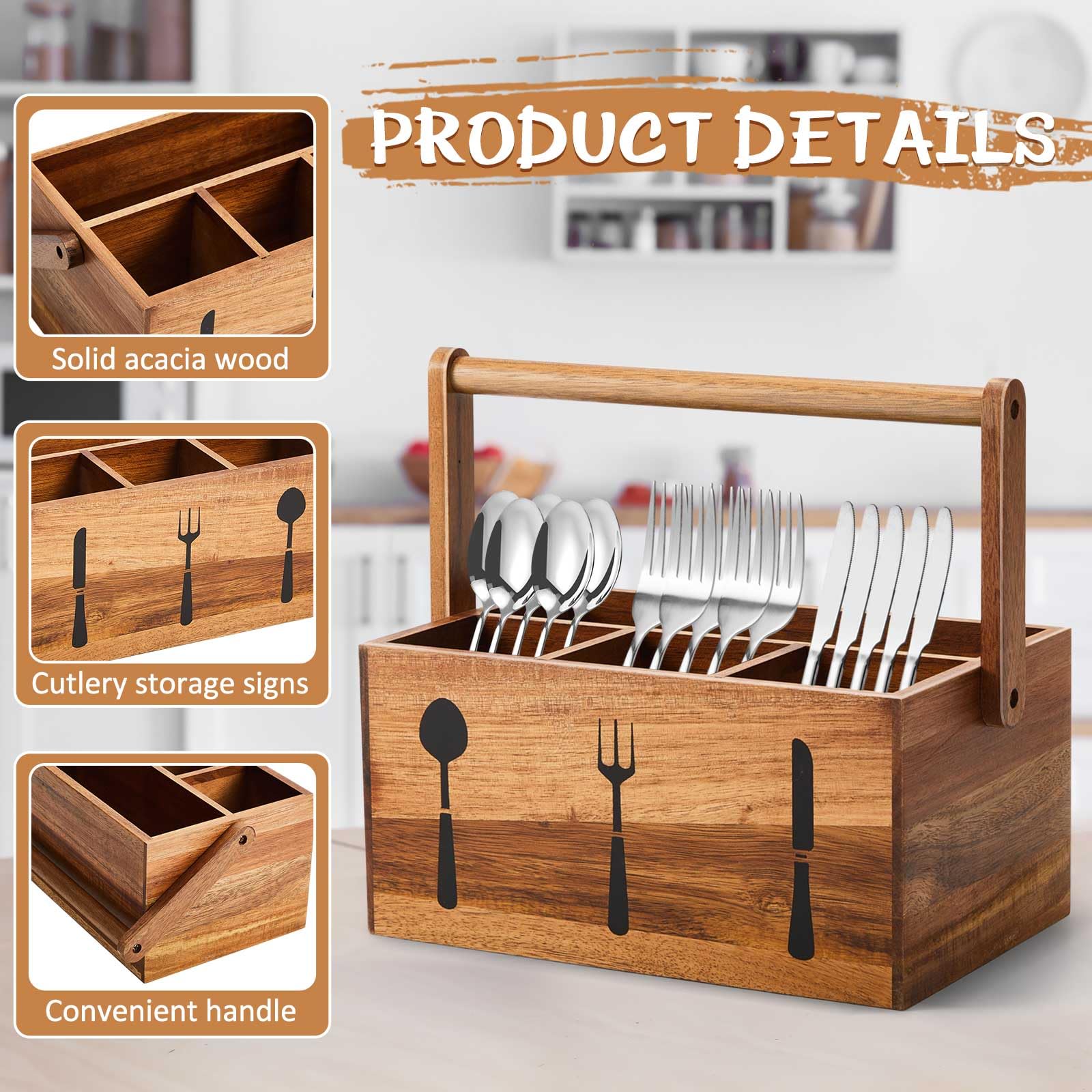 Geetery Acacia Utensil Caddy Silverware Caddy with Handle Wooden Multipurpose Countertop Flatware Napkin Caddy Utensil Organizer Caddy for Party Picnic Kitchen Trip, 9.1 x 5.9 x 4.5 in (Wood Color)