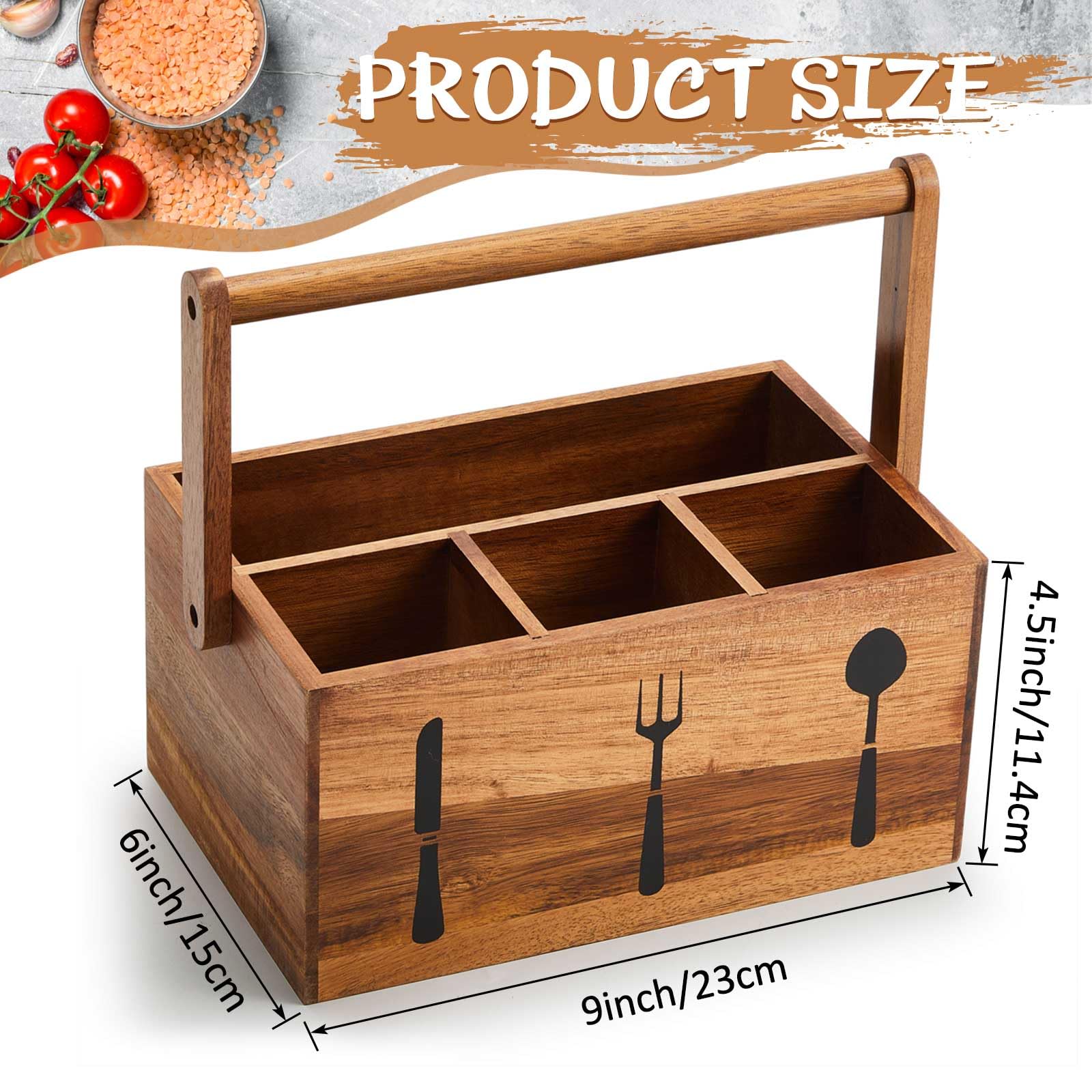 Geetery Acacia Utensil Caddy Silverware Caddy with Handle Wooden Multipurpose Countertop Flatware Napkin Caddy Utensil Organizer Caddy for Party Picnic Kitchen Trip, 9.1 x 5.9 x 4.5 in (Wood Color)