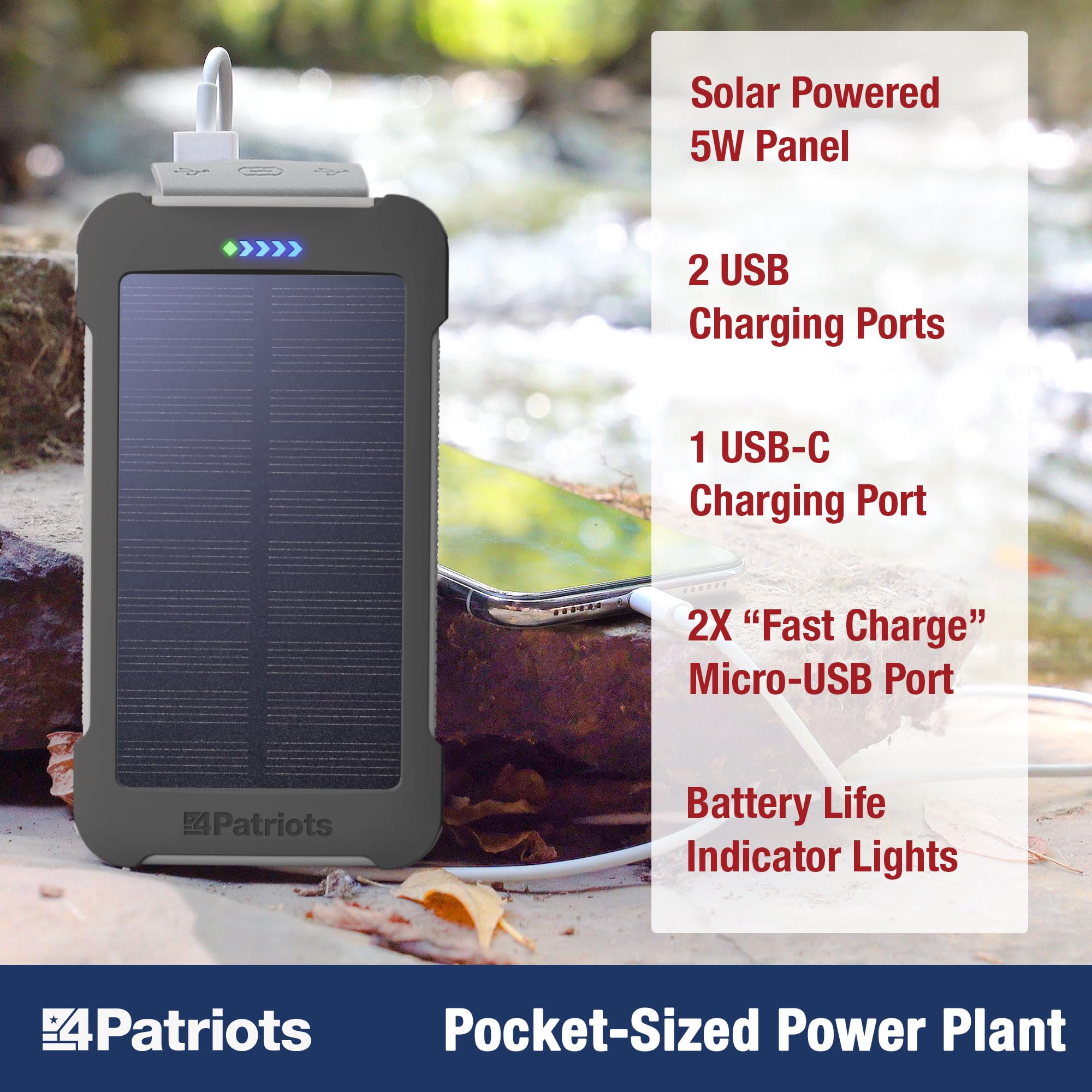 4Patriots Patriot Power Cell CX: Portable Solar Power Bank - Rechargeable External Battery with 3 USB Ports, 8,000 mAh Lithium Ion Battery, LED Flashlight, Great for Camping, Hiking or Emergencies