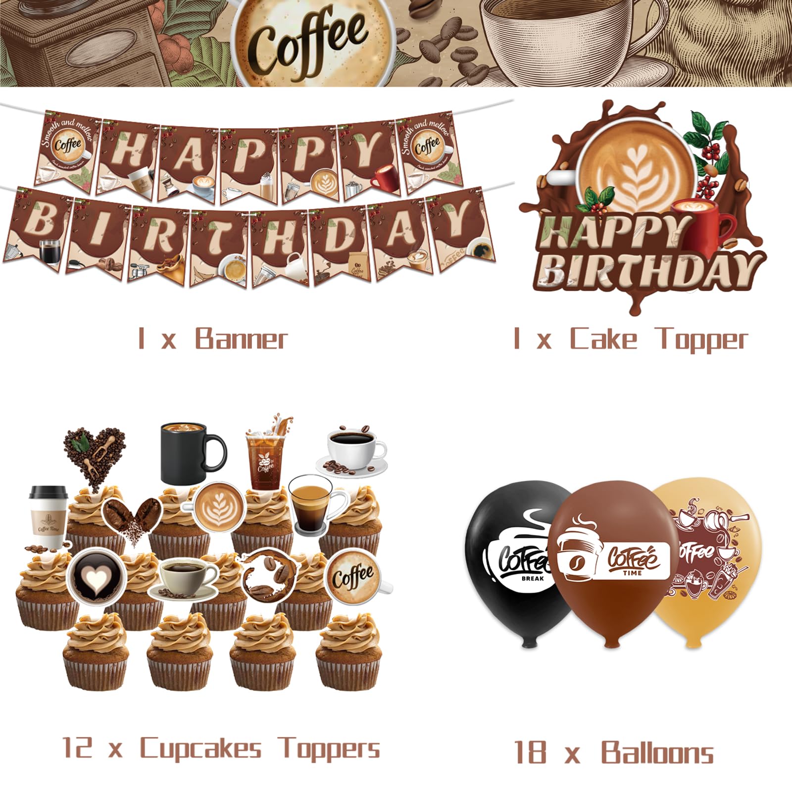 Coffee Birthday Decorations Coffee Party Supplies Includes Coffee Happy Birthday Banner Cake Topper Cupcake Toppers Balloons for Coffee Themed Party Decorations