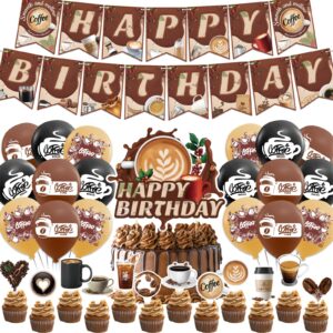 Coffee Birthday Decorations Coffee Party Supplies Includes Coffee Happy Birthday Banner Cake Topper Cupcake Toppers Balloons for Coffee Themed Party Decorations