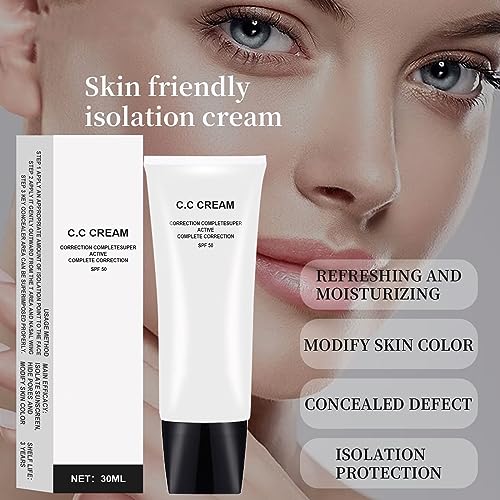 2PCS Skin Tone Adjusting CC Cream SPF 50,Cosmetics CC Cream Self Adjusting for Mature Skin, CC Cream Face Sunscreen and Foundation, Primer Moisturizing Skin Concealer Brightening Skin Tone