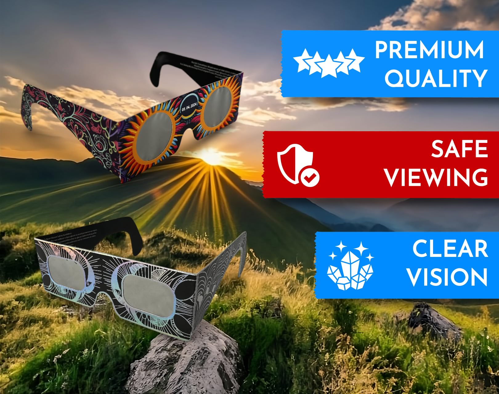 Premium Solar Eclipse Viewing Glasses - Safe, CE Certified, Durable Paper Frames - Pack of 2 - Perfect for Astro Enthusiasts and Outdoor Events