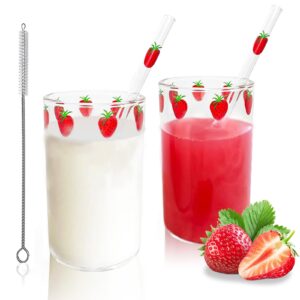 bolianovi cups, 2 sets - 300ml thickened glass tumbler with straws, strawberry pattern, cute drinking cups for water, juice, milk, coffee, tea, gift