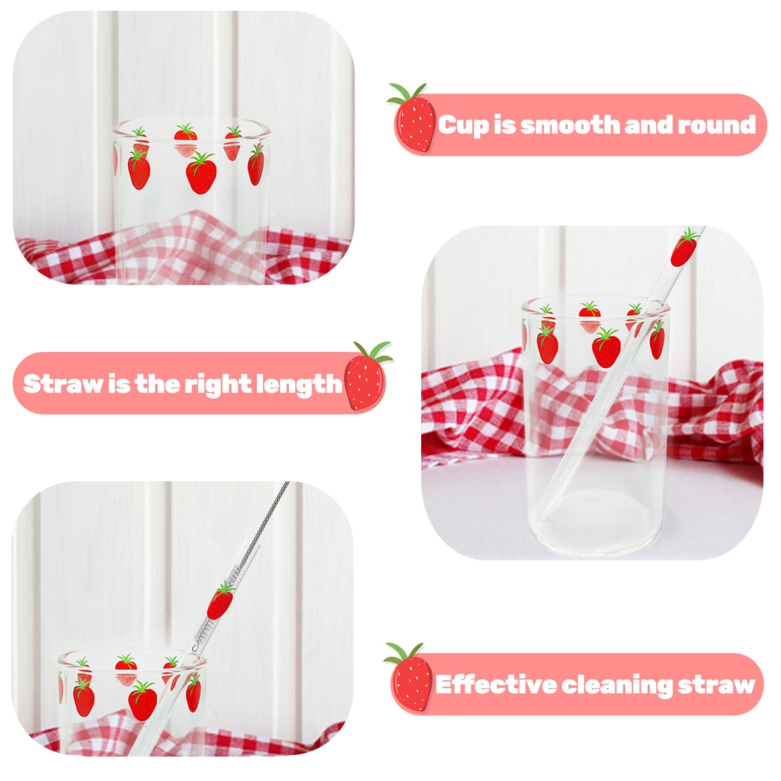 BolianOvi Cups, 2 Sets - 300ML Thickened Glass Tumbler with Straws, Strawberry Pattern, Cute Drinking Cups for Water, Juice, Milk, Coffee, Tea, Gift