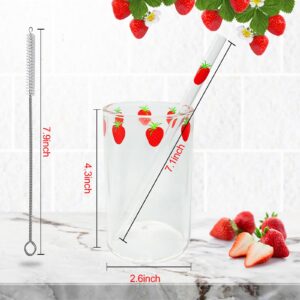 BolianOvi Cups, 2 Sets - 300ML Thickened Glass Tumbler with Straws, Strawberry Pattern, Cute Drinking Cups for Water, Juice, Milk, Coffee, Tea, Gift