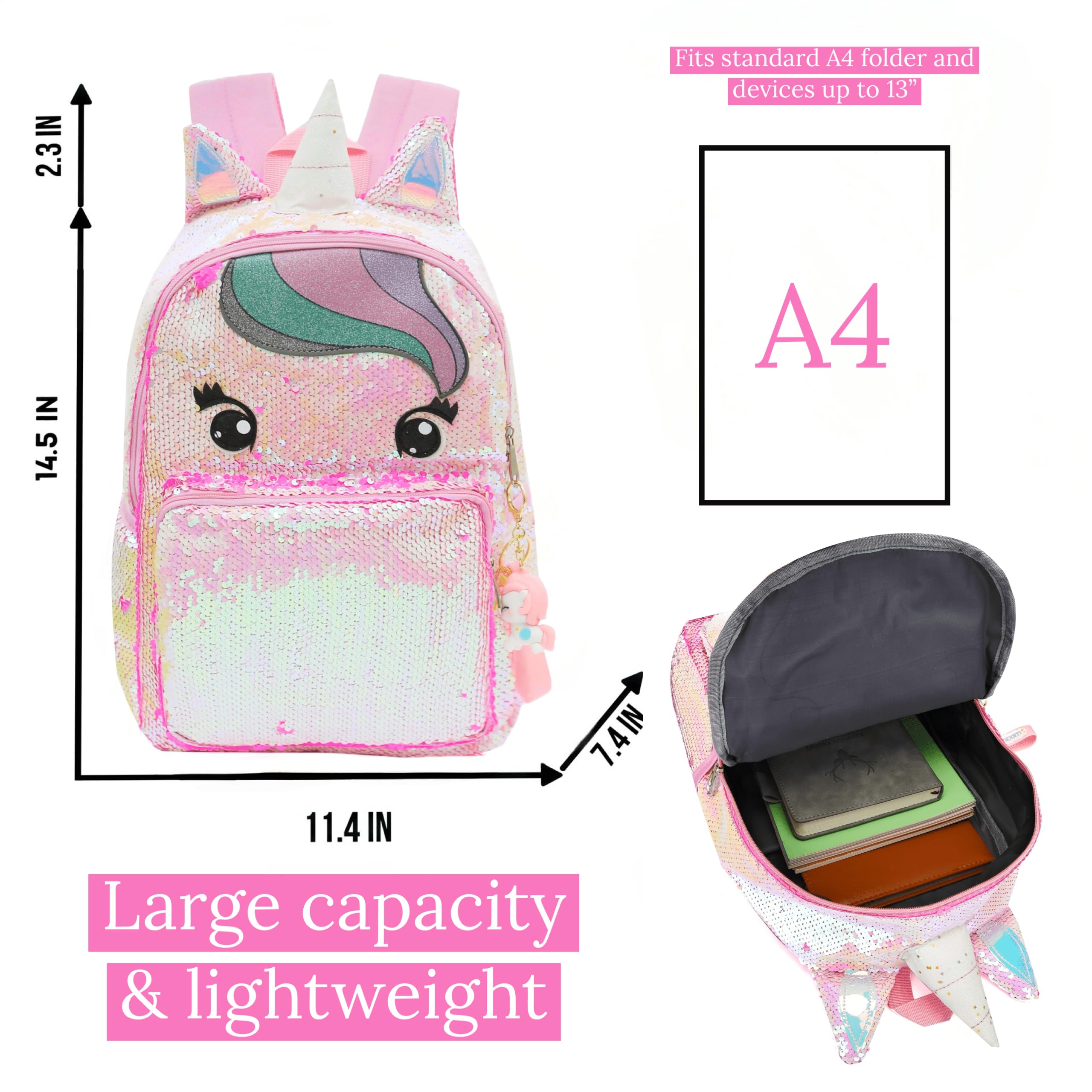 SimplyUnique Kids Enchanting Unicorn Flip Sequin Backpack for Little Girls Age 6-8 Years Old - Sparkling Glitter Fashion Book Bag for School and Magical Adventures