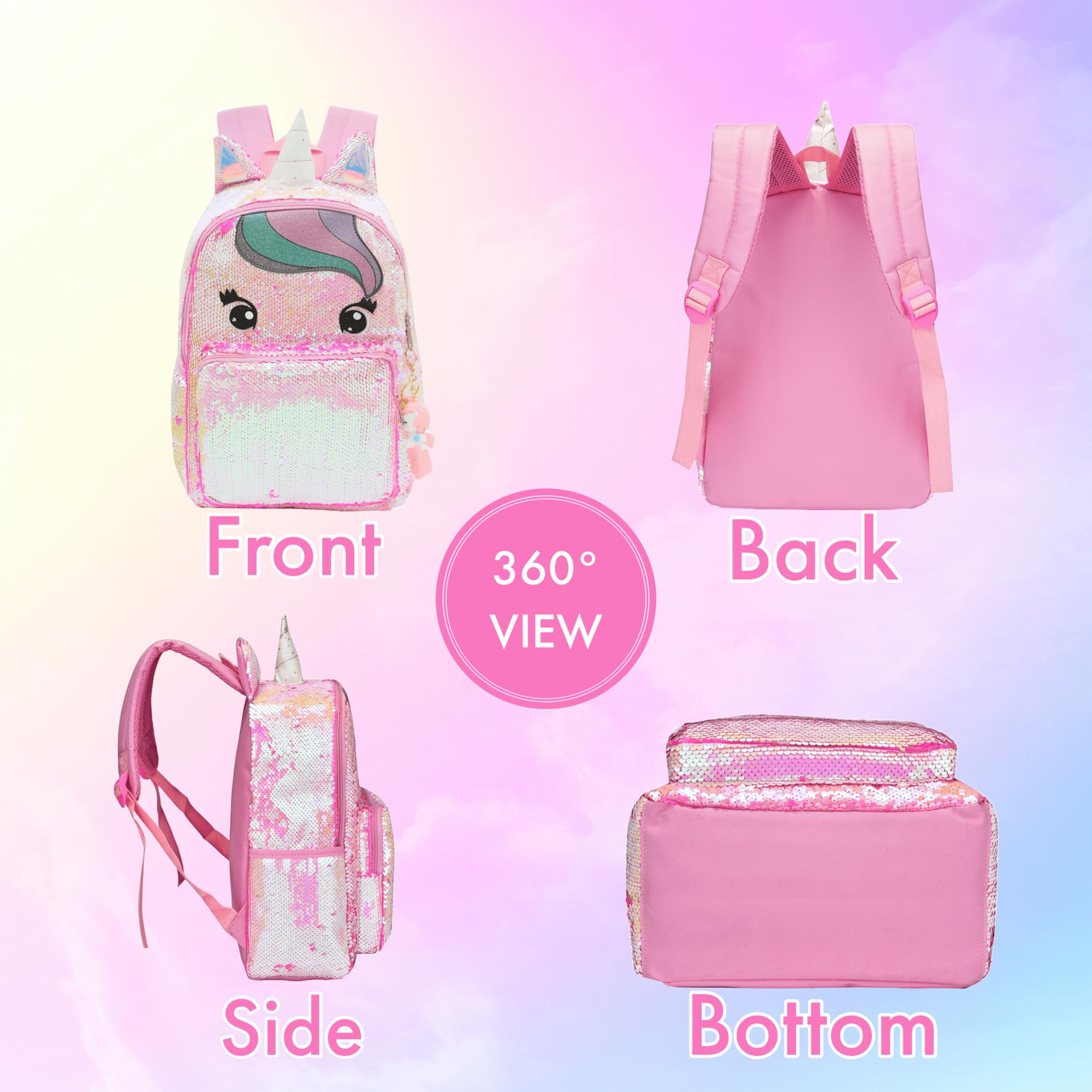 SimplyUnique Kids Enchanting Unicorn Flip Sequin Backpack for Little Girls Age 6-8 Years Old - Sparkling Glitter Fashion Book Bag for School and Magical Adventures