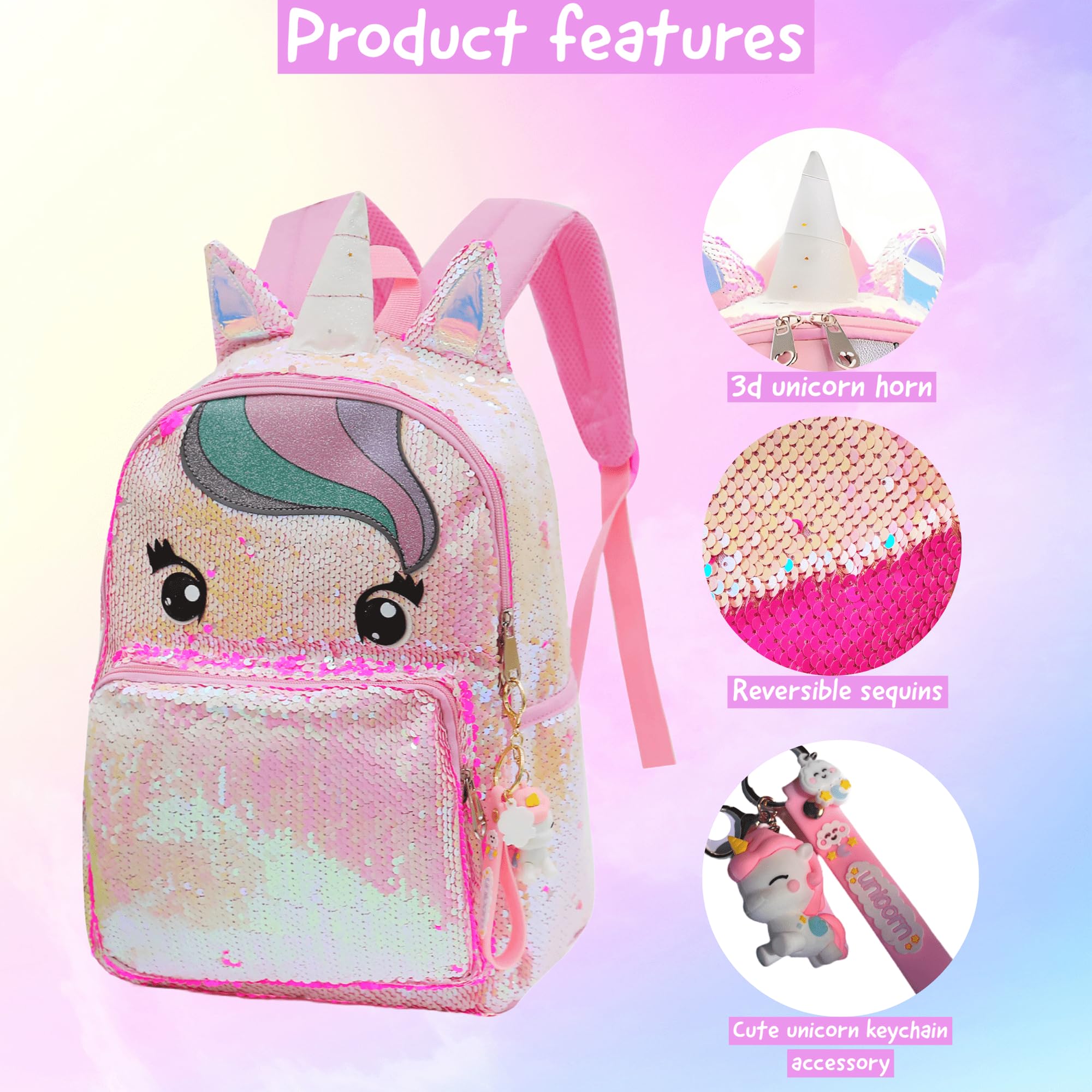 SimplyUnique Kids Enchanting Unicorn Flip Sequin Backpack for Little Girls Age 6-8 Years Old - Sparkling Glitter Fashion Book Bag for School and Magical Adventures