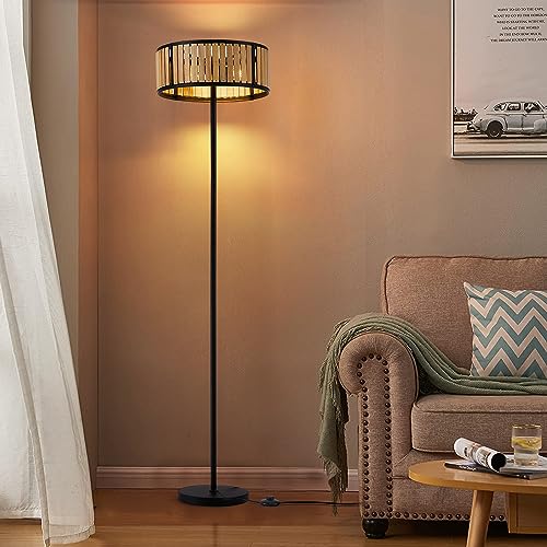 Szleomay Wood Floor Lamp, Mid Century Standing Lamp, Modern Black Floor Lamps for Living Room, Farmhouse Tall Floor Lamp for Bedroom, Study Room and Office, ON/Off Foot Switch