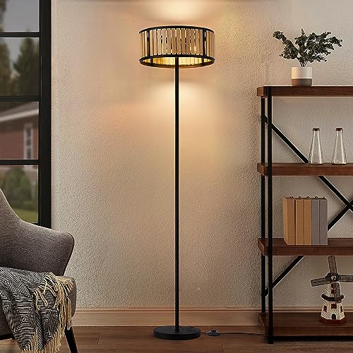 Szleomay Wood Floor Lamp, Mid Century Standing Lamp, Modern Black Floor Lamps for Living Room, Farmhouse Tall Floor Lamp for Bedroom, Study Room and Office, ON/Off Foot Switch