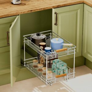 Mount Walker Pull Out Cabinet Organizer(14" W x 21" D), 2 Tier Slide Out Cabinet Shelves with Wood Handle, Sliding Drawer Pull Out Storage Shelf for Cabinet, Chrome