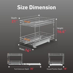 Mount Walker Pull Out Cabinet Organizer(14" W x 21" D), 2 Tier Slide Out Cabinet Shelves with Wood Handle, Sliding Drawer Pull Out Storage Shelf for Cabinet, Chrome