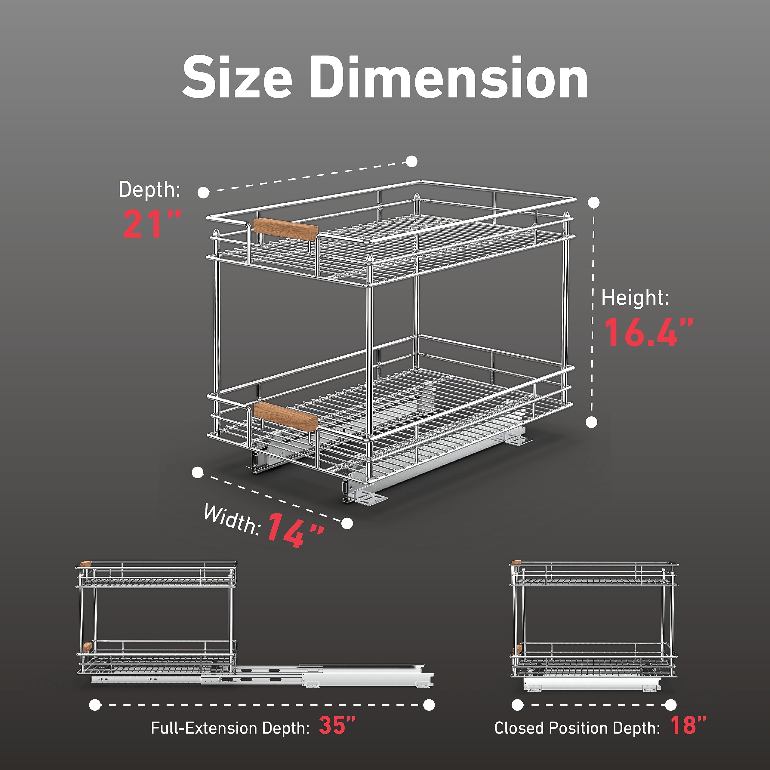 Mount Walker Pull Out Cabinet Organizer(14" W x 21" D), 2 Tier Slide Out Cabinet Shelves with Wood Handle, Sliding Drawer Pull Out Storage Shelf for Cabinet, Chrome