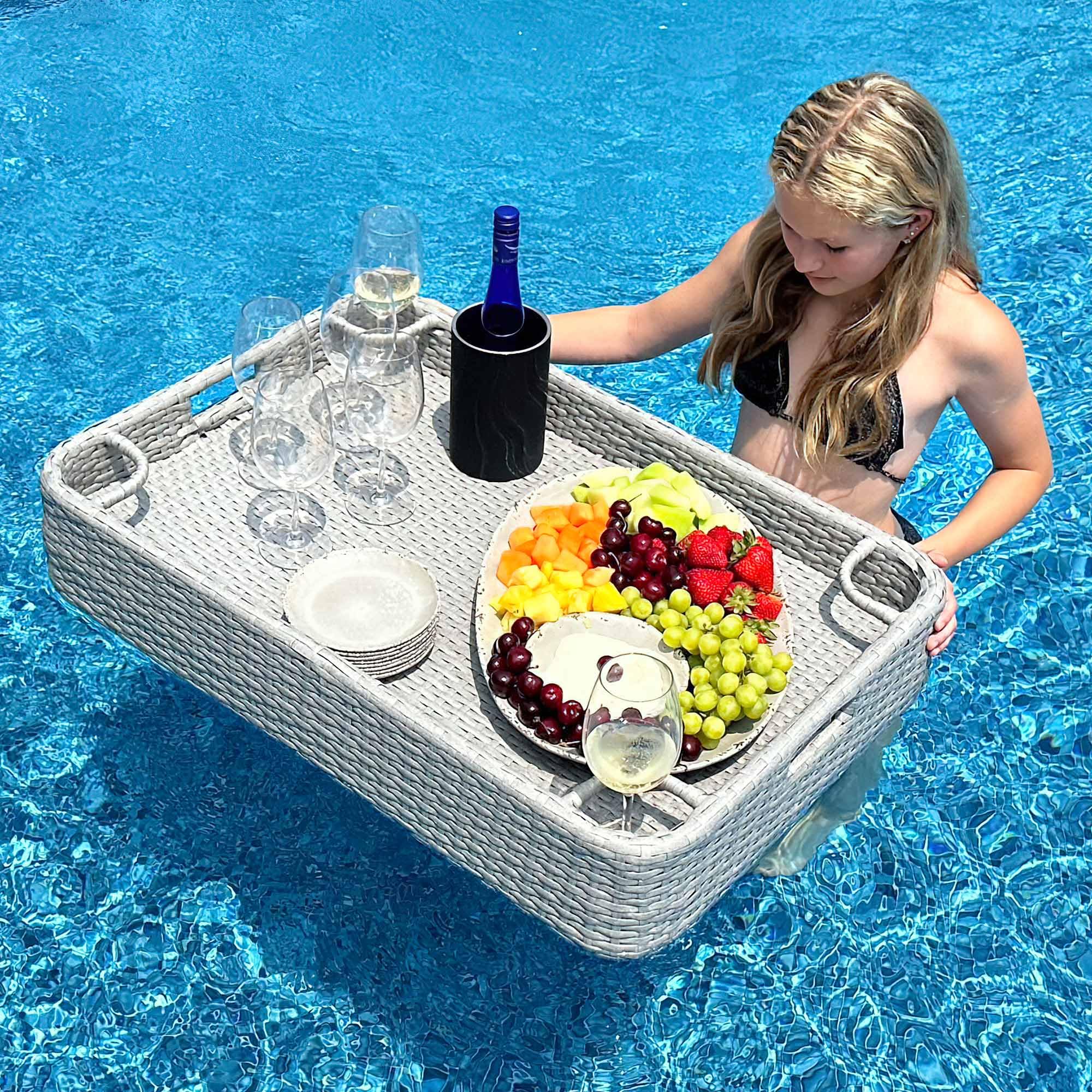 Sunjoy Wicker Floating Tray 36x24 in. Aluminum Frame Pool Tray - Swimming Floating Serving Tray for Drinks, Snacks, and Essentials - Fits Most Pool Sizes - Perfect for Pool Parties and Relaxing, Grey