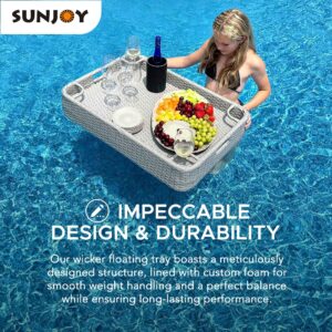 Sunjoy Wicker Floating Tray 36x24 in. Aluminum Frame Pool Tray - Swimming Floating Serving Tray for Drinks, Snacks, and Essentials - Fits Most Pool Sizes - Perfect for Pool Parties and Relaxing, Grey