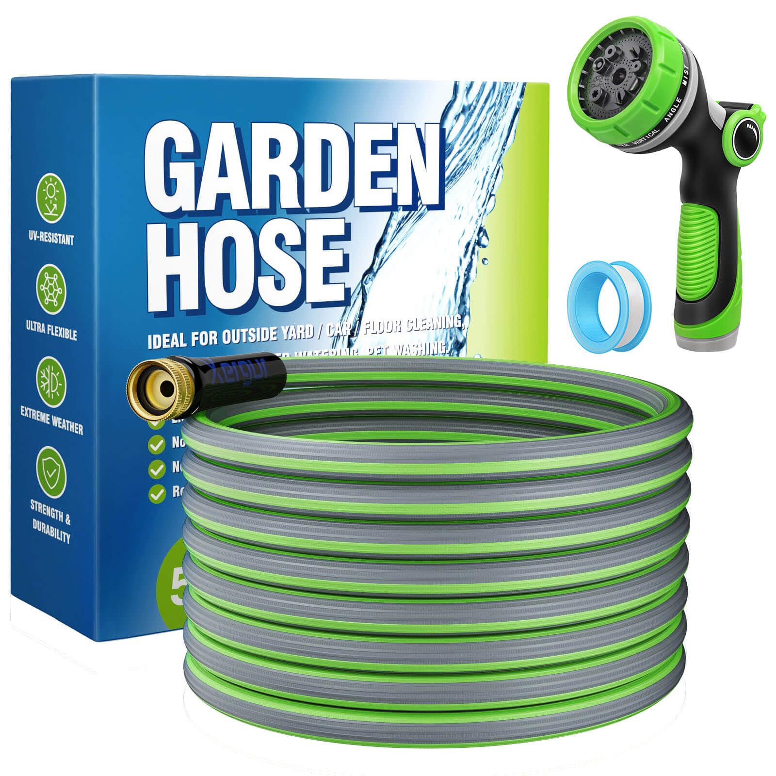 Expandable Garden Hose Water Pipe - Flexible Water Hose with 7 Function Spray Nozzle, 3/4 inch Solid Brass Fittings Durable Lightweight Garden Hoses for Gardening Lawn Car Pet Washing, 50FT