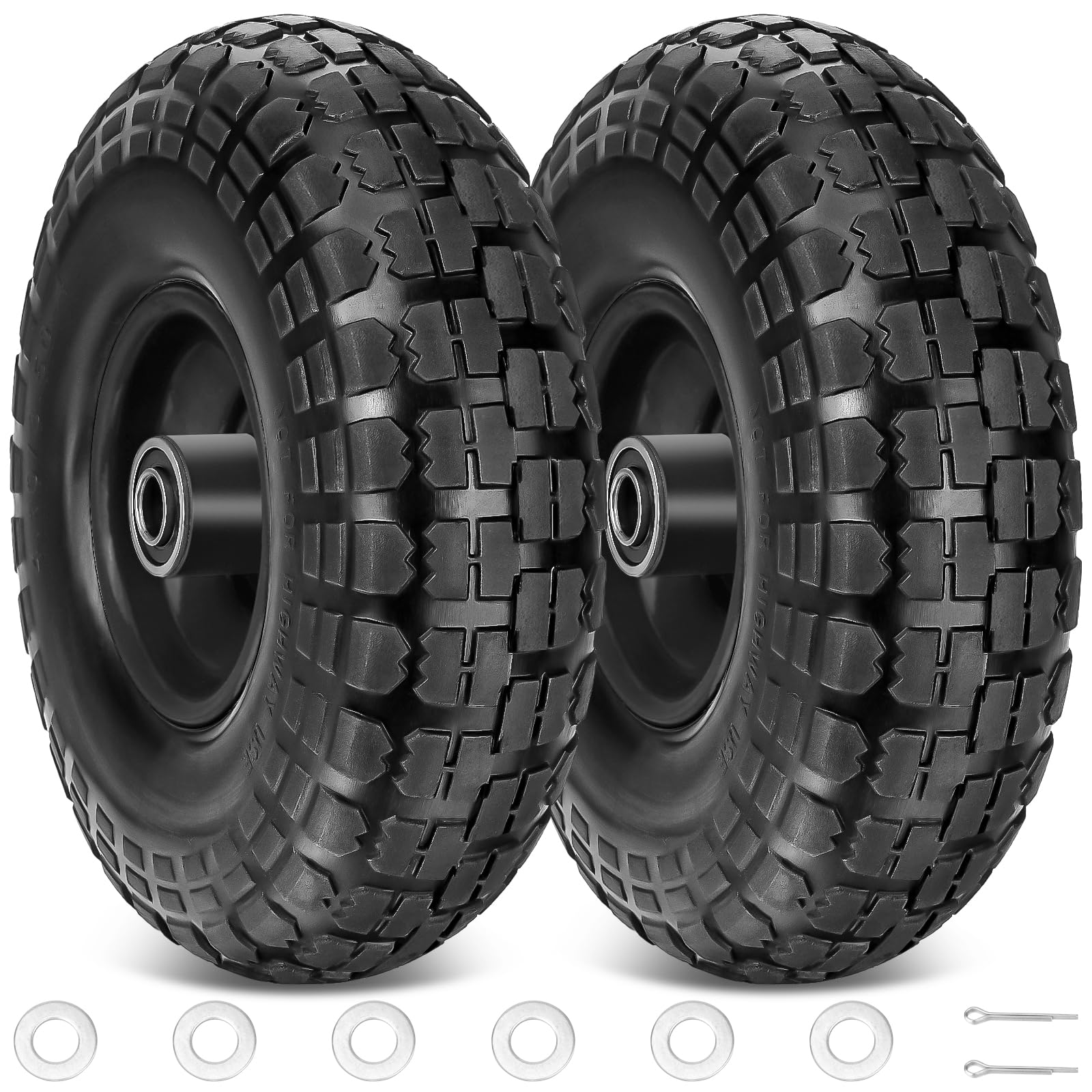 TICONN 4.10/3.50-4" Tire and Wheel Flat Free, 2 Pack 10" Solid Rubber Tires with 5/8” Axle Bore Hole and Double Sealed Bearings, Perfect for Wheelbarrow, Garden Cart, Wagon, Dolly (Black, 2PK)