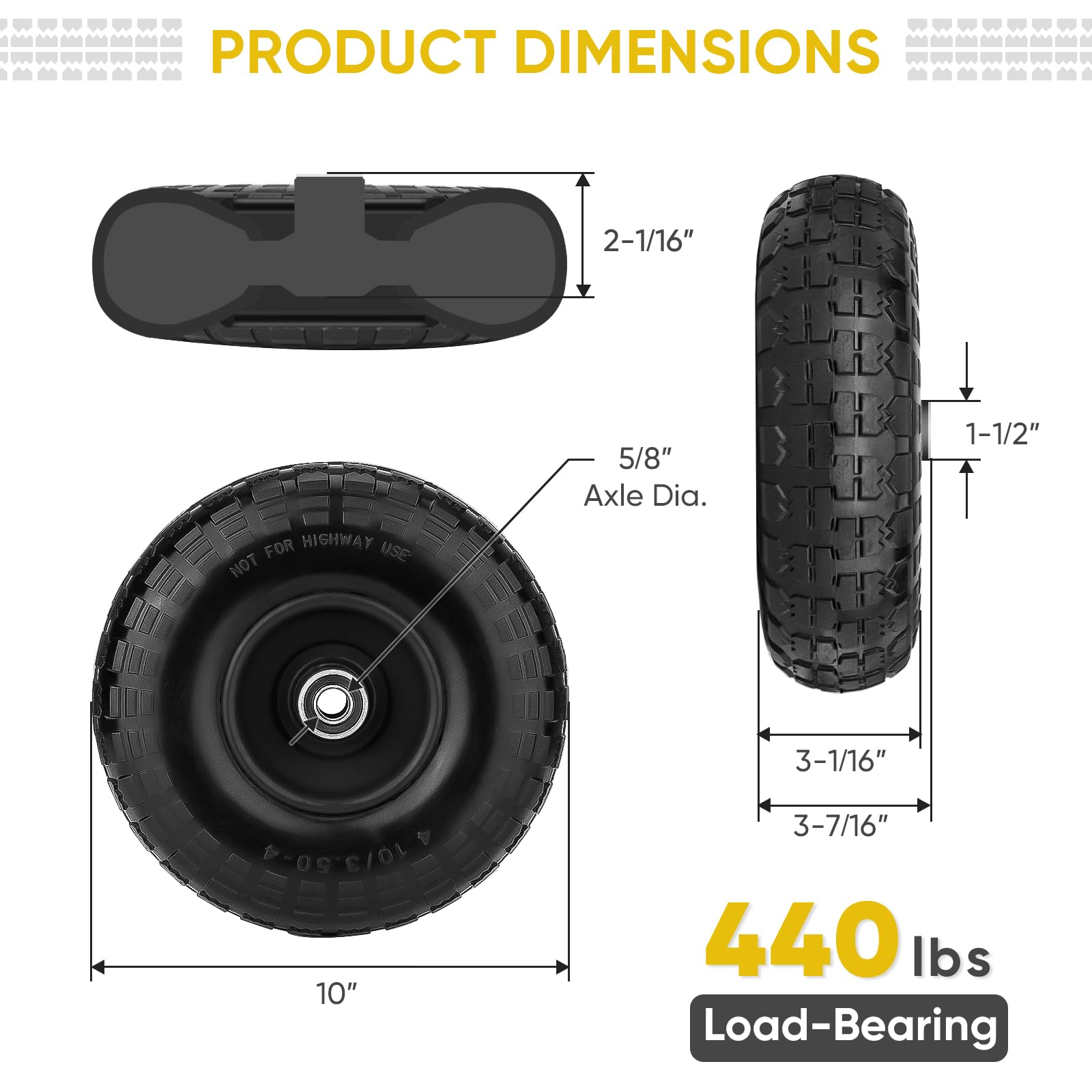 TICONN 4.10/3.50-4" Tire and Wheel Flat Free, 2 Pack 10" Solid Rubber Tires with 5/8” Axle Bore Hole and Double Sealed Bearings, Perfect for Wheelbarrow, Garden Cart, Wagon, Dolly (Black, 2PK)