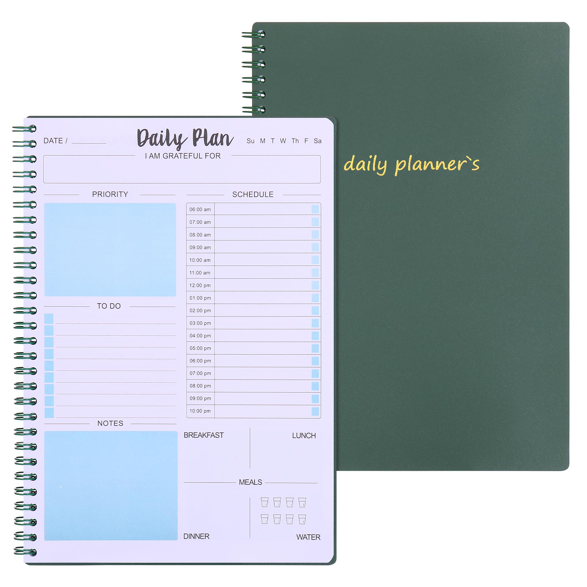 SeQeS Undated Daily Planner Notebook - Hourly Schedule, To-Do Lists, Meal Planning, and More - Perfect for Men and Women On-the-Go - 120 Pages (7x10")" (Green)