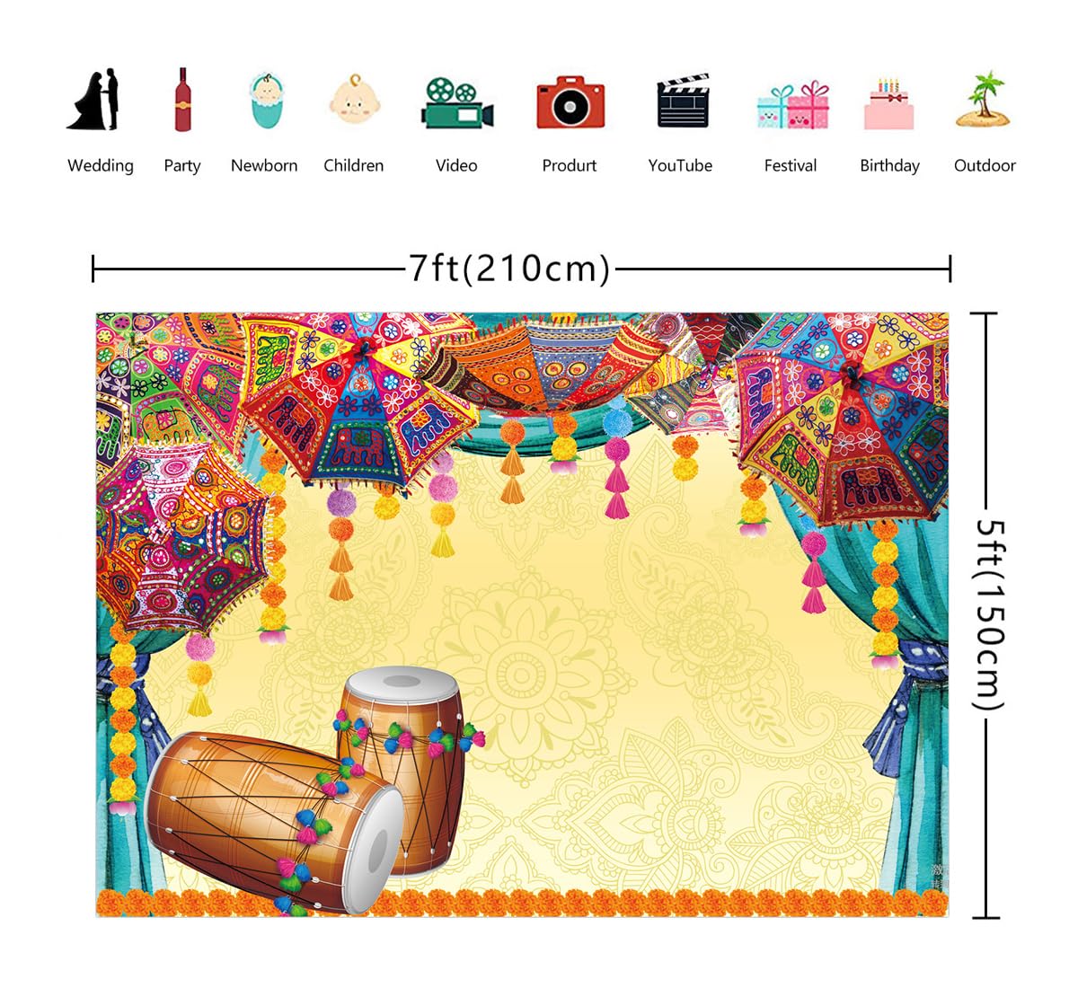 Indian Traditional Wedding Backdrop Orange Flower Marigold Marriage Traditional Festival Photography Background Hindu Curtain Bridal Shower Party Decorations Banner 7x5FT