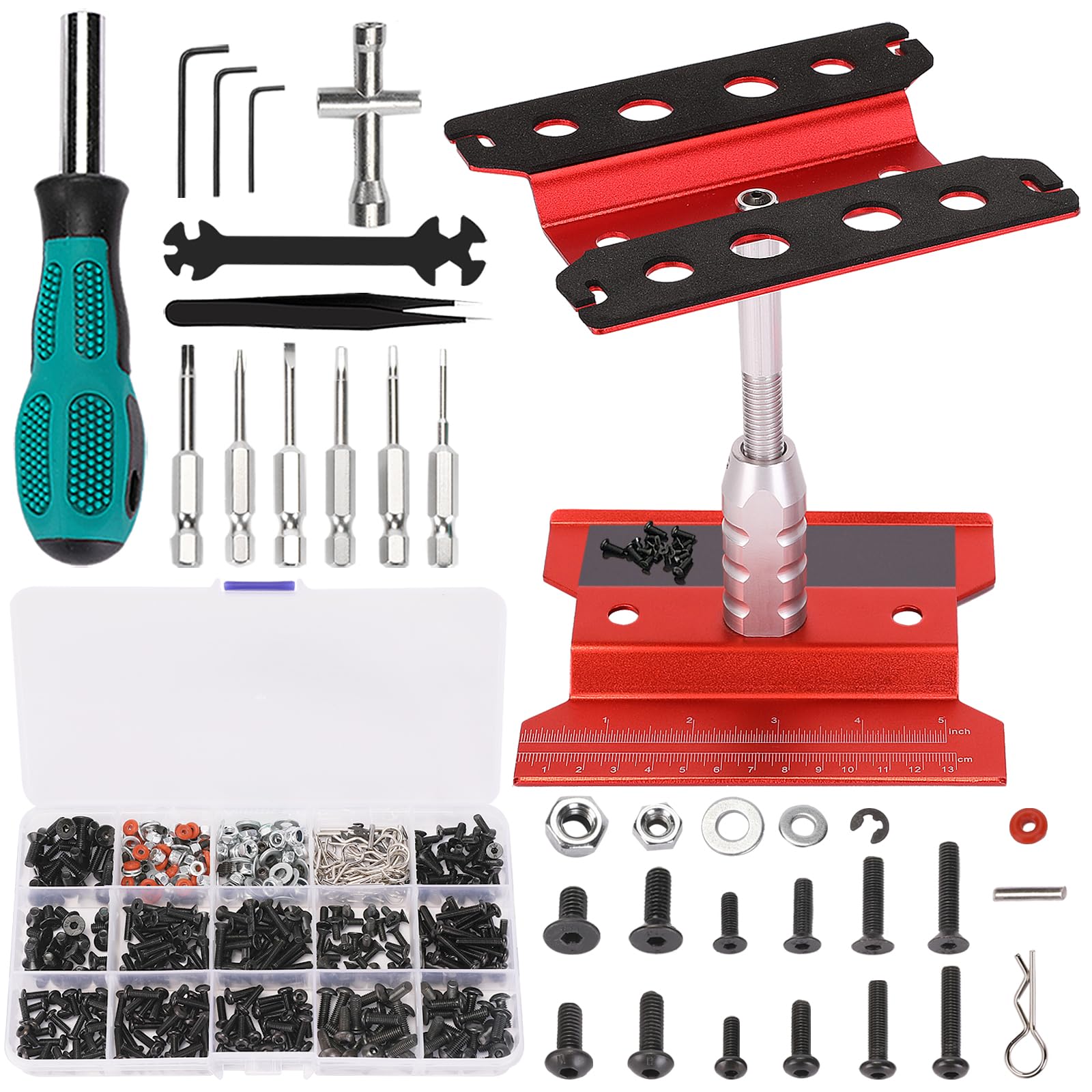 RC Car Stand and 532PCS RC Screw Kit Universal RC Tools Kit RC Car Repair Work Stand Portable RC Repair Work Station and RC Car Screws Set for 1/8 1/10 1/12 1/16 Scale RC Car