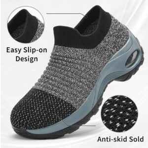 Akk Women Walking Shoes Slip on Sock Sneakers Non-Slip Mesh Sneakers for Women Light Weight Air Cushion Running Work Shoes Grey,11