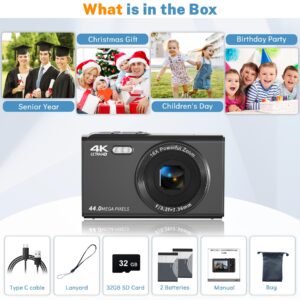 Saneen Digital Camera, FHD Kids Cameras for Photography, 4K 44MP Compact Point and Shoot Camera for Kids, Teens,& Beginners with 32GB SD Card,16X Digital Zoom, 2 Rechargeable Batteries-Black