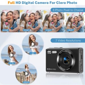 Saneen Digital Camera, FHD Kids Cameras for Photography, 4K 44MP Compact Point and Shoot Camera for Kids, Teens,& Beginners with 32GB SD Card,16X Digital Zoom, 2 Rechargeable Batteries-Black