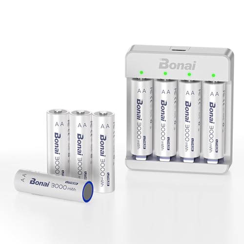 BONAI Rechargeable Lithium AA Batteries with Charger, 3000mWh 1.5V AA Batteries for Blink Camera 8 Count with 2H Fast Charge- White