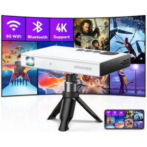 mini projector 4k, goodee 1080p support pocket dlp projector with wifi and bluetooth, pico portable outdoor movie projector with tripod&bag, video rechargeable battery short throw for iphone/android