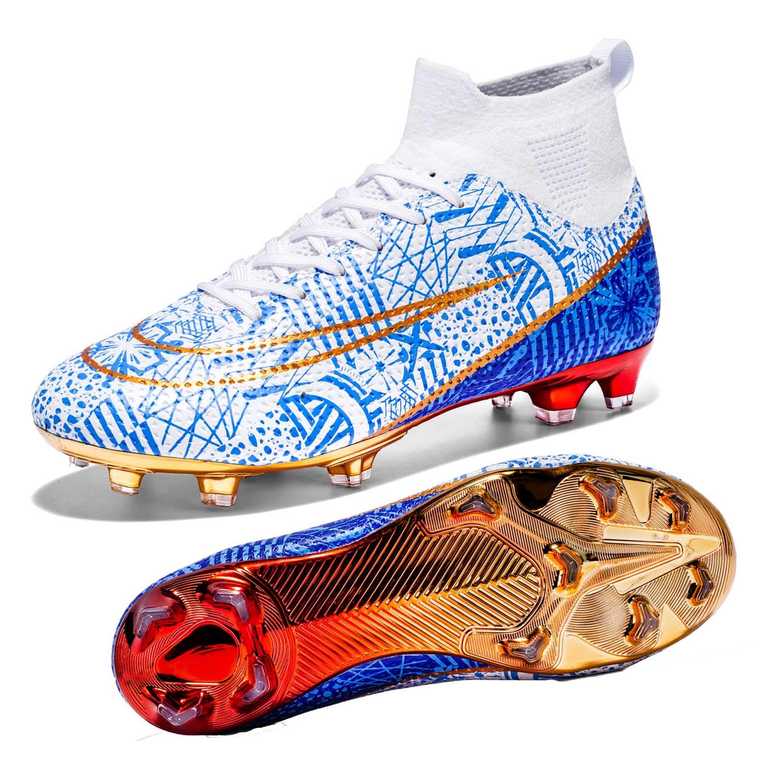 Men’s Soccer Cleats Adult AG Boots Indoor Soccer Shoes Athletic Breathable Fashion Football Socking Youth Professional Training Shoes Gold Printed Sole