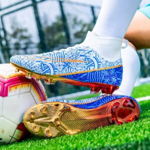 Men’s Soccer Cleats Adult AG Boots Indoor Soccer Shoes Athletic Breathable Fashion Football Socking Youth Professional Training Shoes Gold Printed Sole