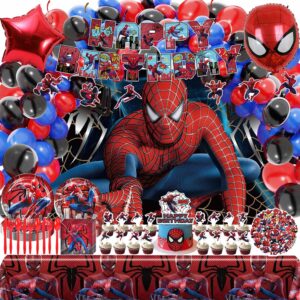 spider birthday decorations, spider party decorations, spider birthday party supplies, include spider balloons arch garland, plates, backdrop, stickers, hero banner, hanging swirl decorations for kids