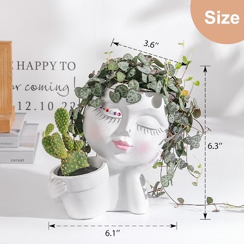 vomiceak Face Planter Pots Head, Flower Pots Planters for Indoor Plants - Double Cute Plant Pots for Succulent with Drainage Holes - Ideal Ideas (White Lady)