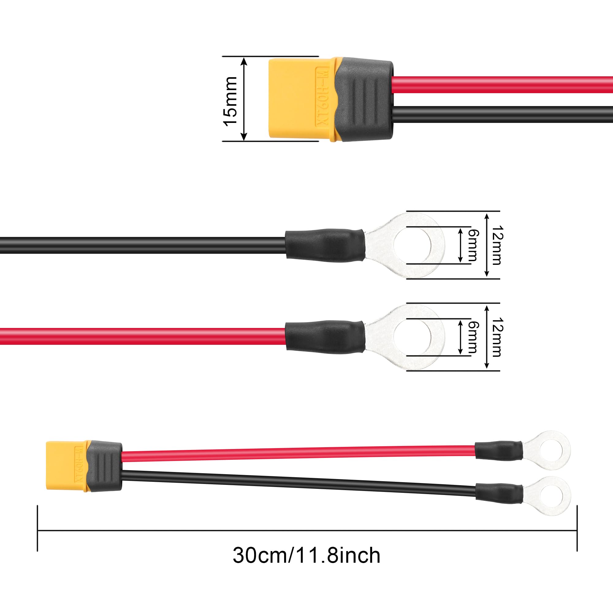 PNGKNYOCN XT60 to O Ring Terminal Cable,14AWG XT60 Male to O Ring Terminals Extension Power Cable for Solar Panel Kit and Battery Charge(0.3M/1FT)